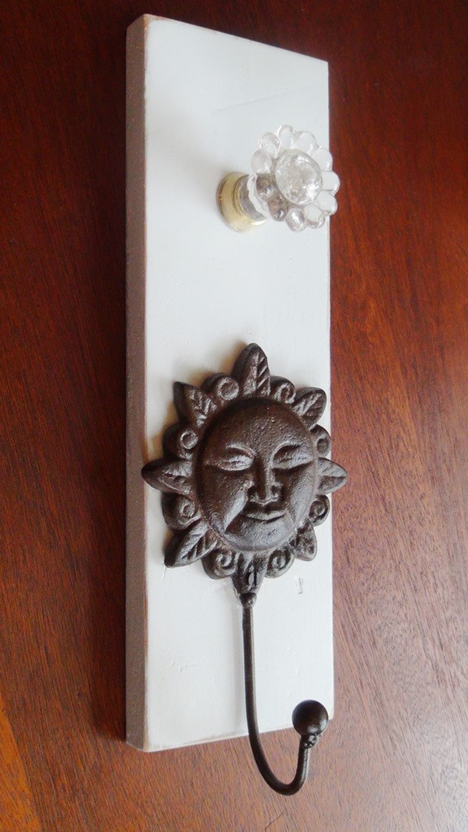 Wall Hanging of Smiling Cast Iron Sun Face With Hook & Pale Pink Glass ...