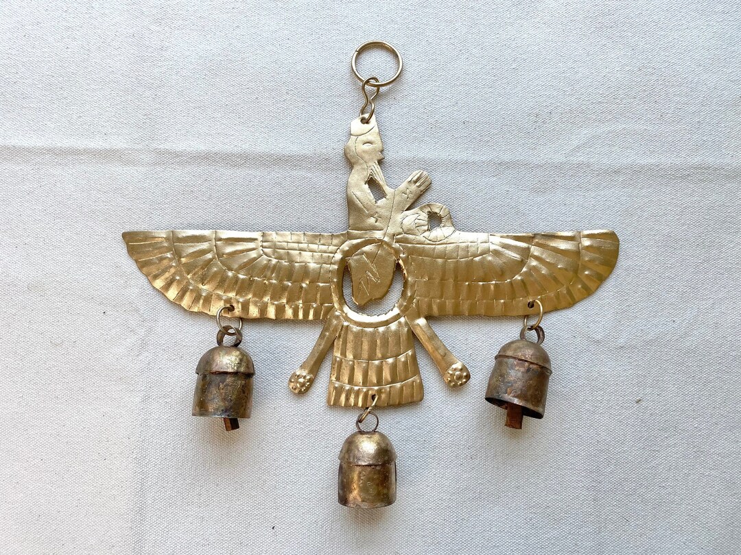 Egyptian Winged Disc Wind Chime With Rustic Bells - Outdoor/garden ...
