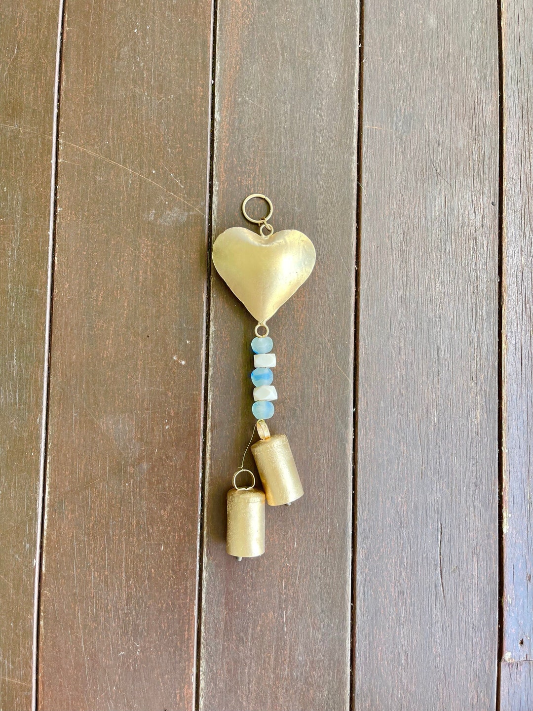 OCEAN WAVE Wind Chime W/ Golden Heart & Bells, Glass African Blue ...