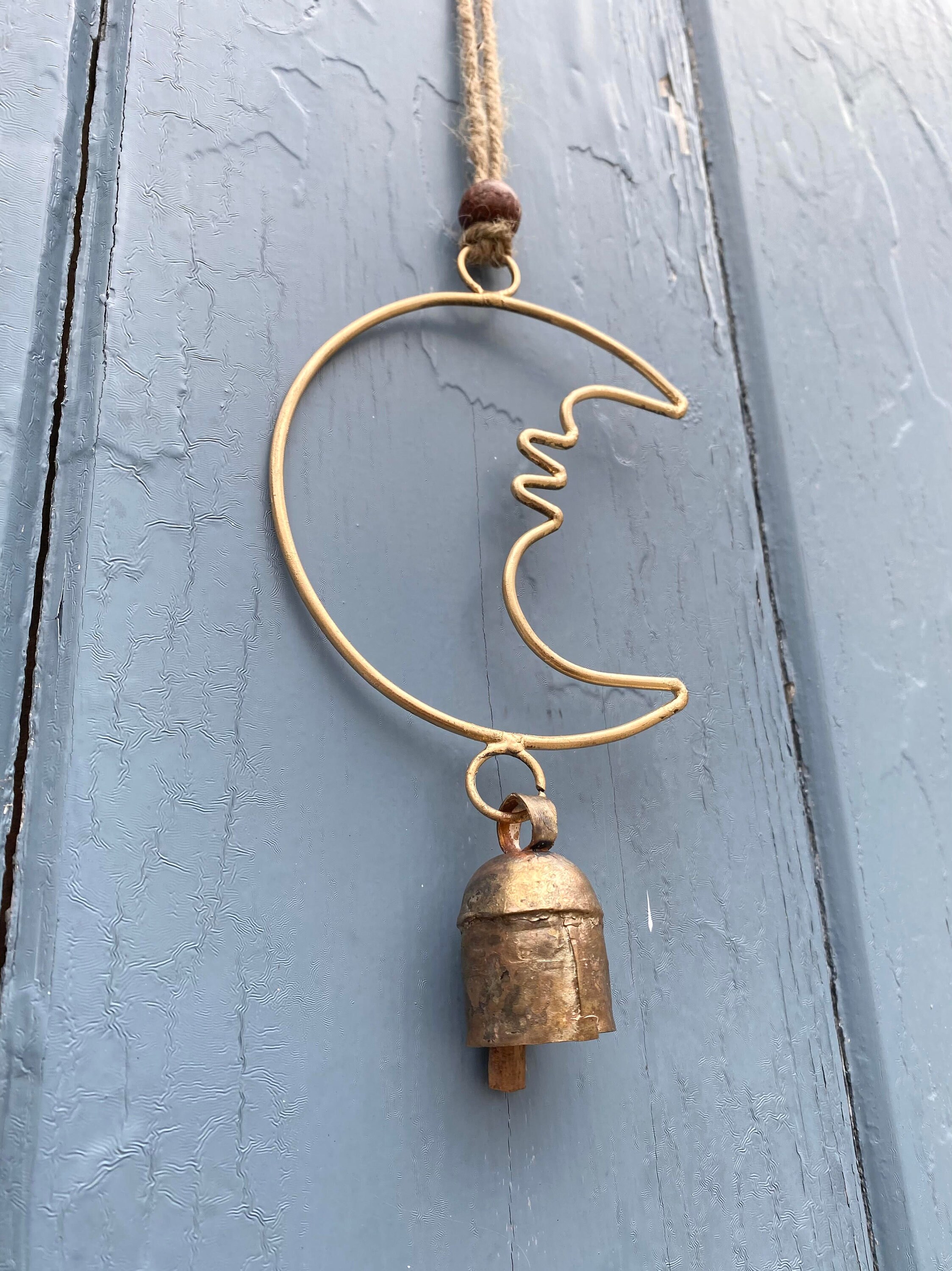 Gold Moon Shaped Wind Chime With Rustic Bell & Bead - Boho Chic Outdoor ...
