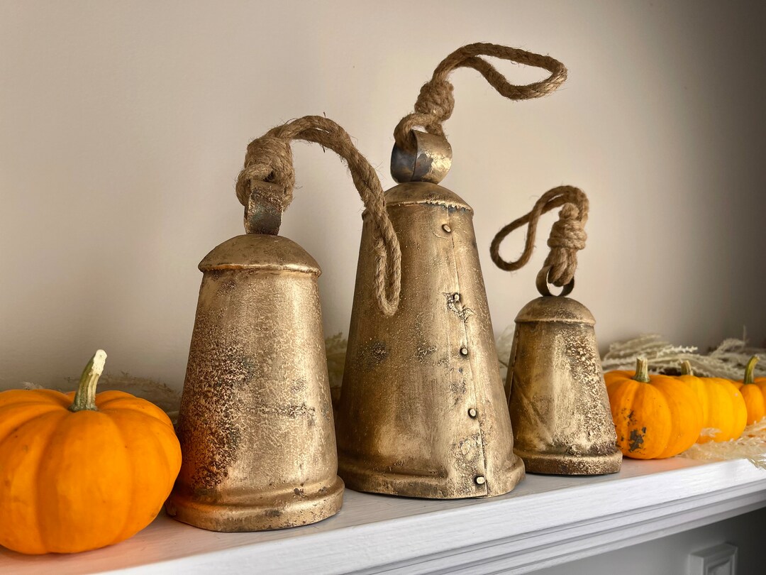 TRUMPET BELLS - Set of 3 in Rustic Gold, Rough Metal W/ Ropes Attached ...
