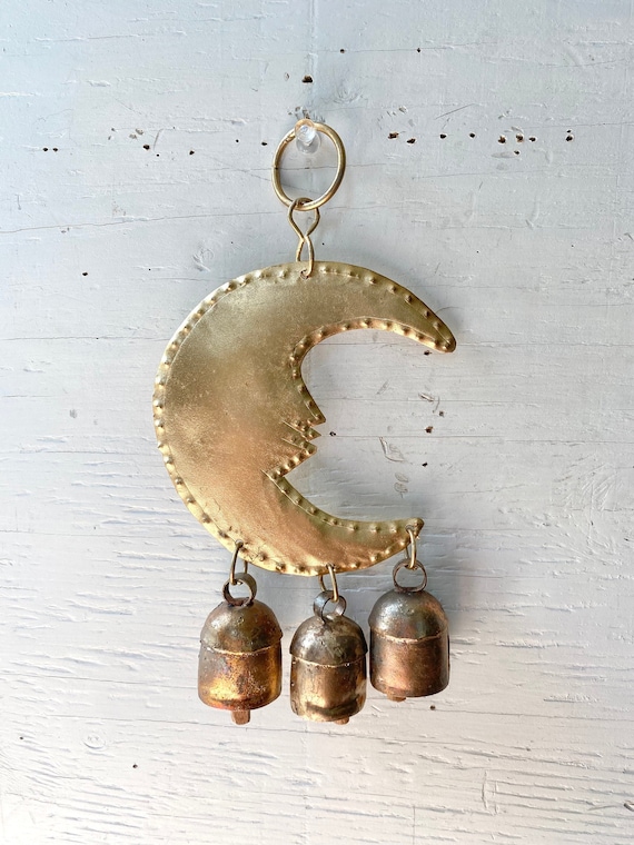 Crescent Moon Wind Chime With Face Profile and Rustic Bells | Etsy