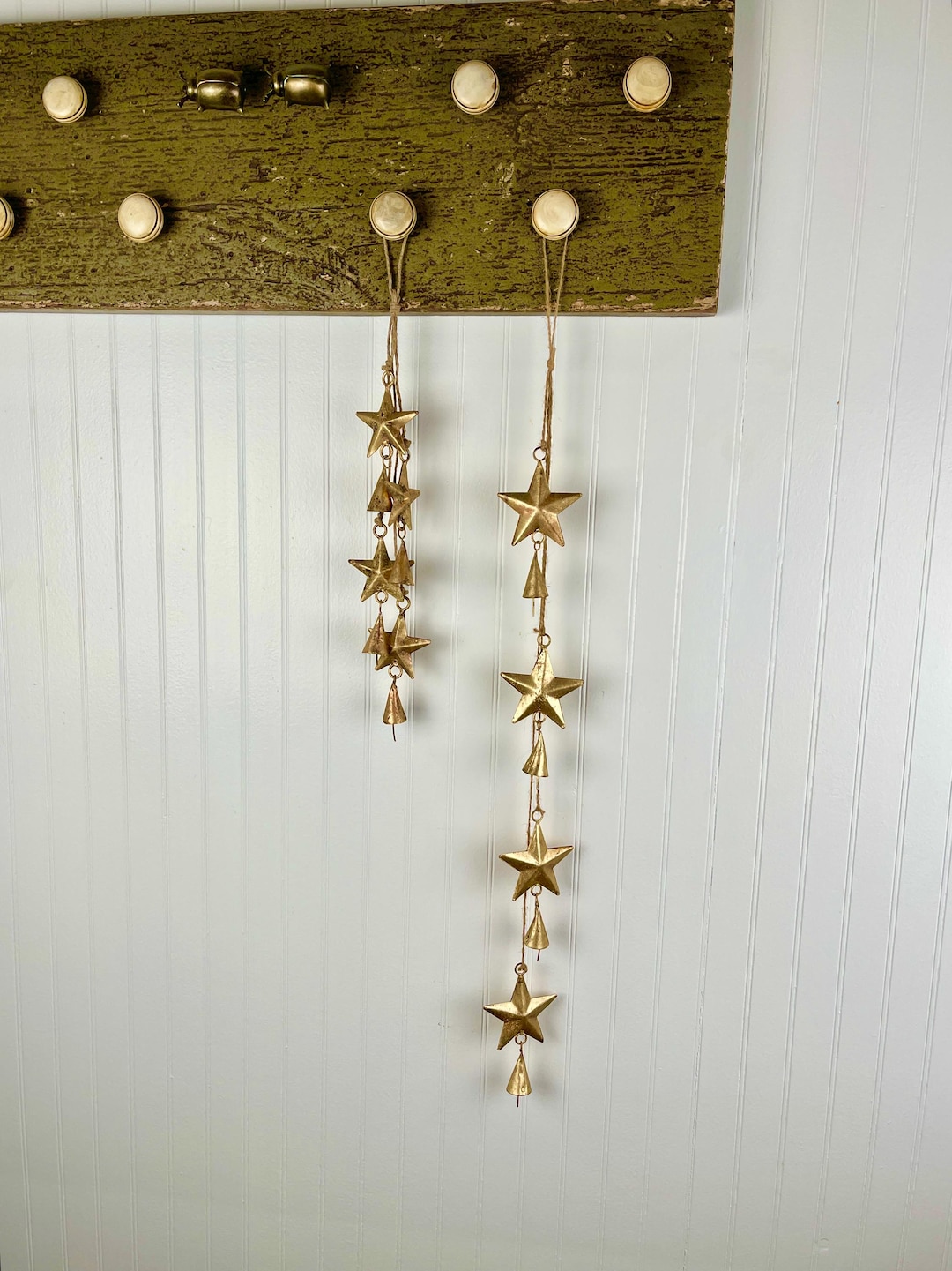 SHOOTING STARS Bell Hanging Strung on Jute - 8 Rustic Gold Stars and ...