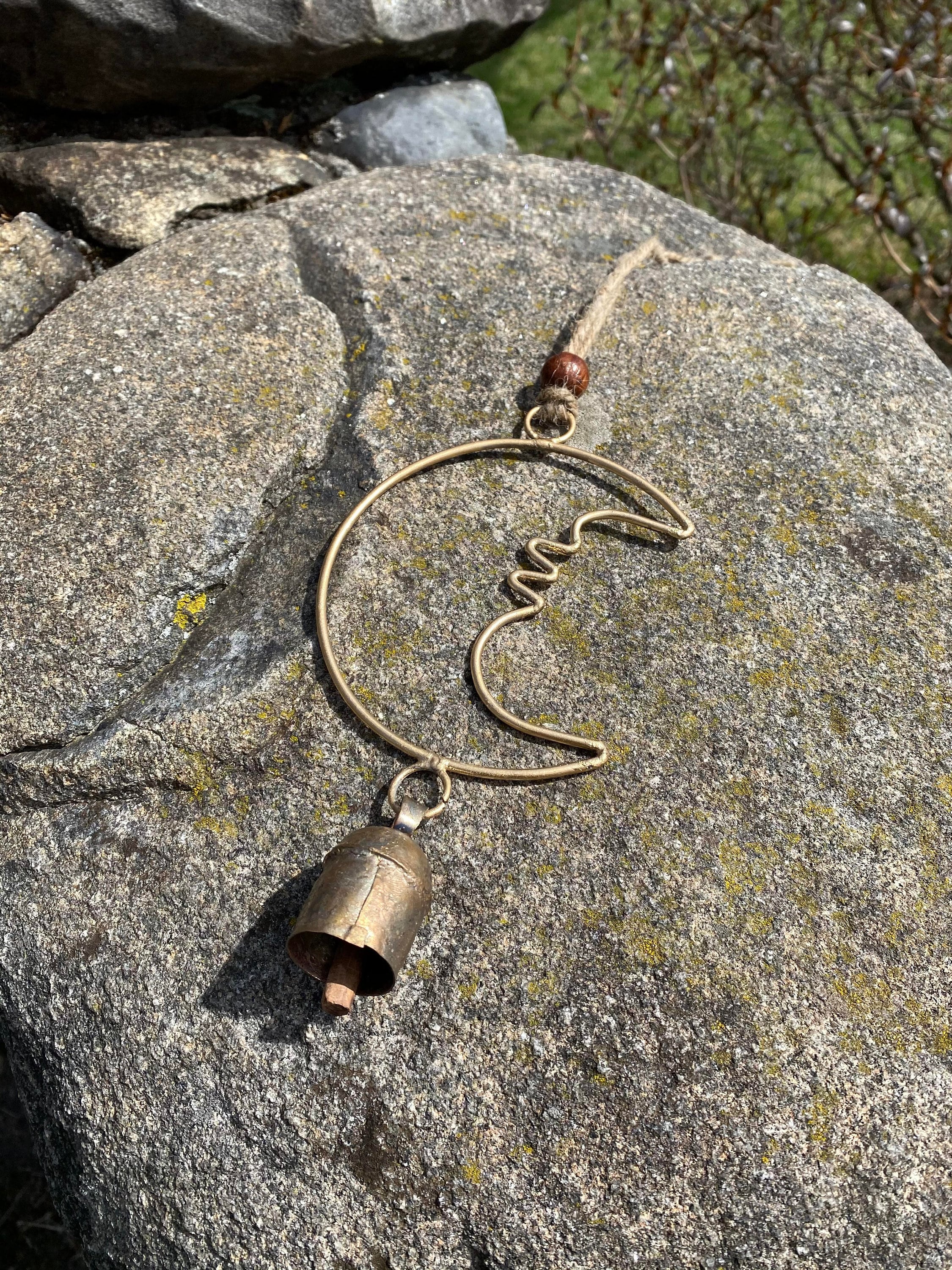 Gold Moon Shaped Wind Chime With Rustic Bell & Bead - Boho Chic Outdoor ...
