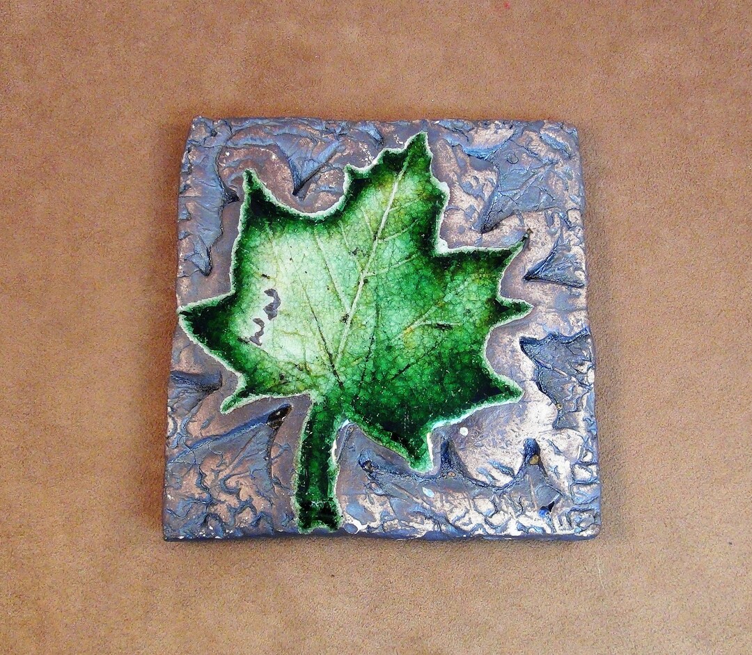 Maple Leaf Fused Glass Trivet on Thick Ceramic Base-5 1/4" Square ...