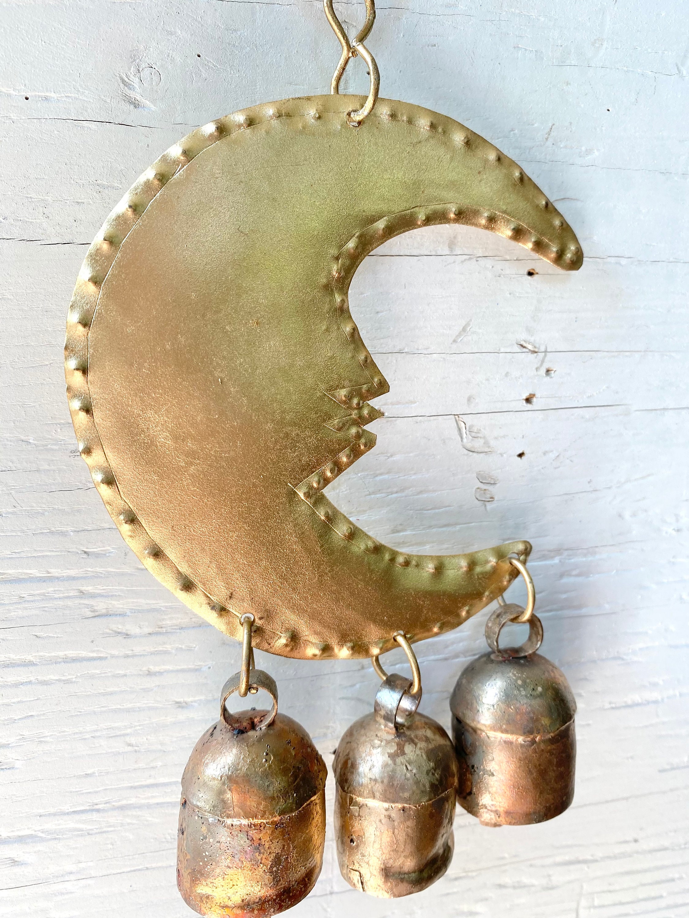 Crescent Moon Wind Chime with Face Profile and Rustic Bells | Etsy