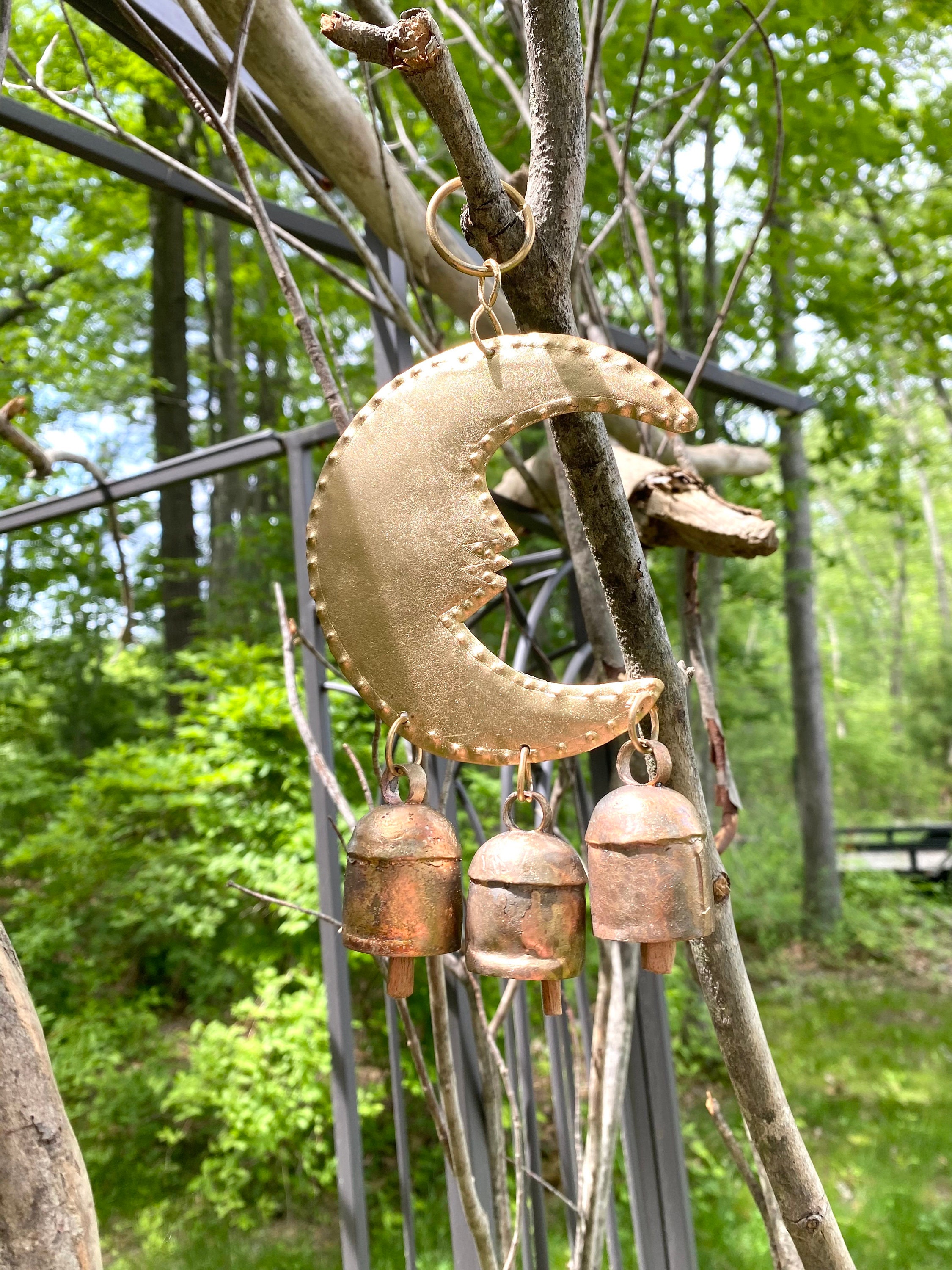 Crescent Moon Wind Chime with Face Profile and Rustic Bells | Etsy