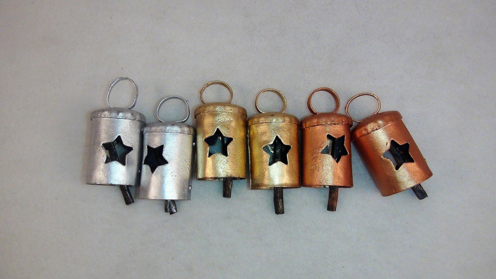 COPPER, GOLD & SILVER Bells W/ Star Cutouts-2 1/4 Inch-recycled Iron ...
