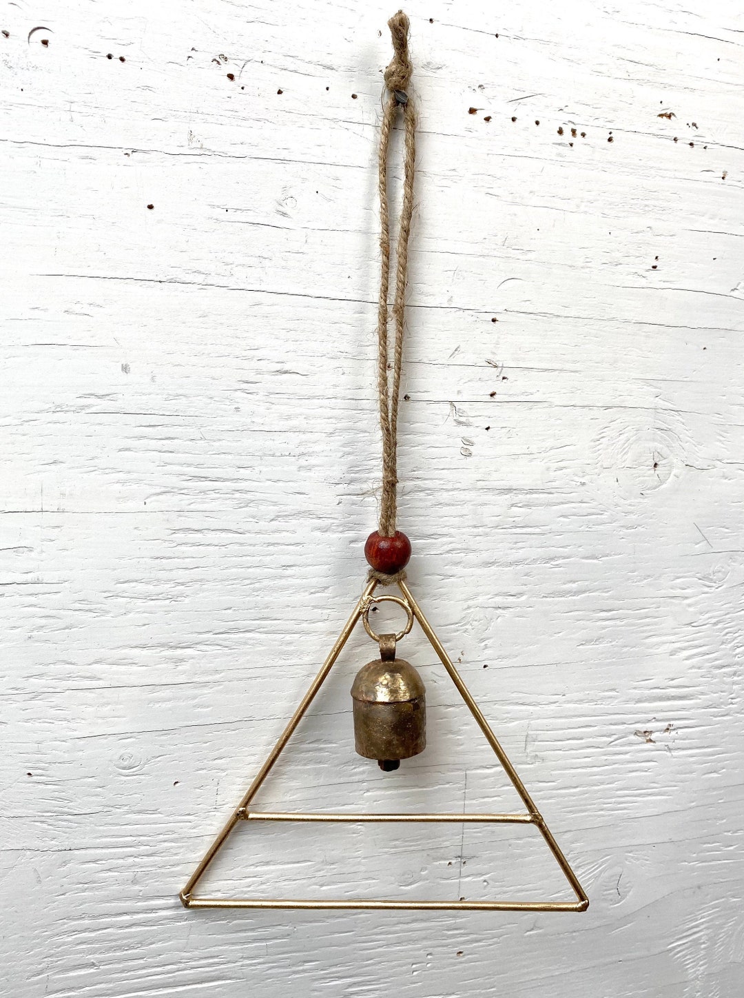 Triangular Gold Wire Wind Chime With Rustic Bell Rope and Wooden Bead ...