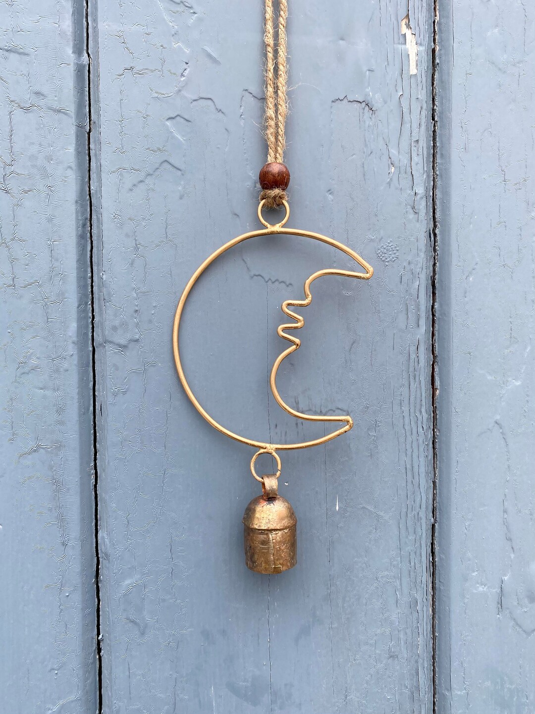 Gold Moon Shaped Wind Chime With Rustic Bell & Bead - Boho Chic Outdoor ...