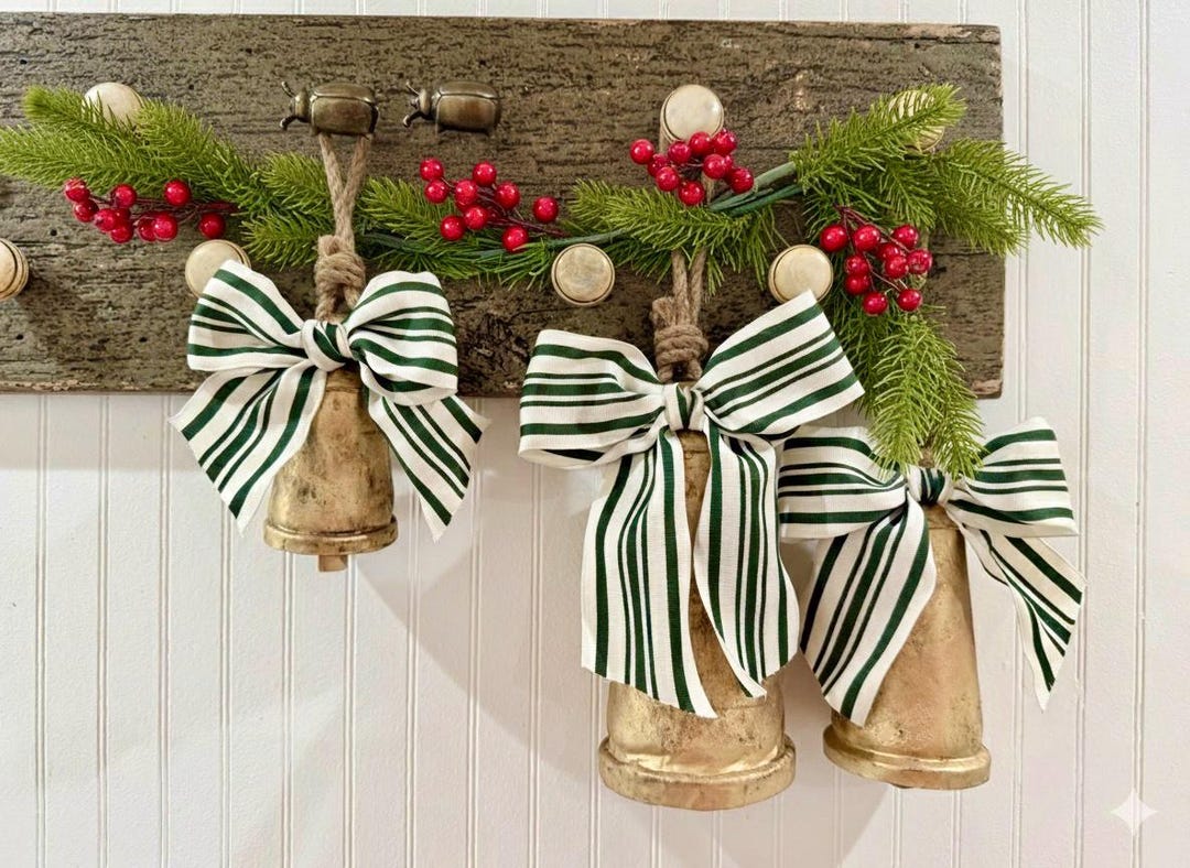 BELLS WITH Bows-green Striped Big Bows Added to Set of 3 Cone Bells for ...