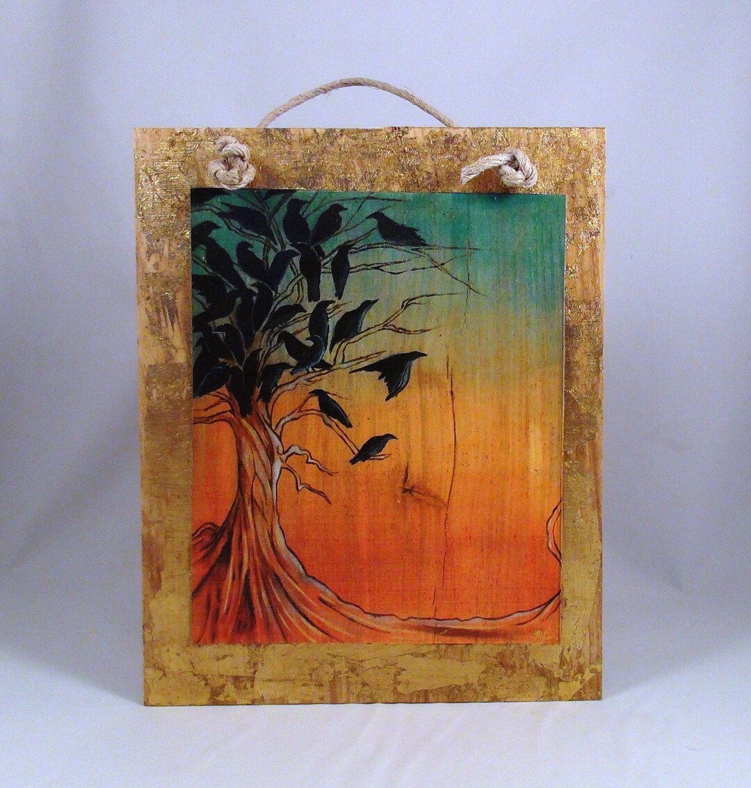 A Crowd of Crows-original Painting Applied to Recycled Wood W/ Gold ...