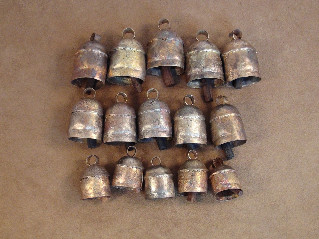 RUSTIC FARMHOUSE BELLS - 5 Rough Hewn Gold Bells W/ Wooden Clappers in 6 Sizes - Shabby Chic Cow ...
