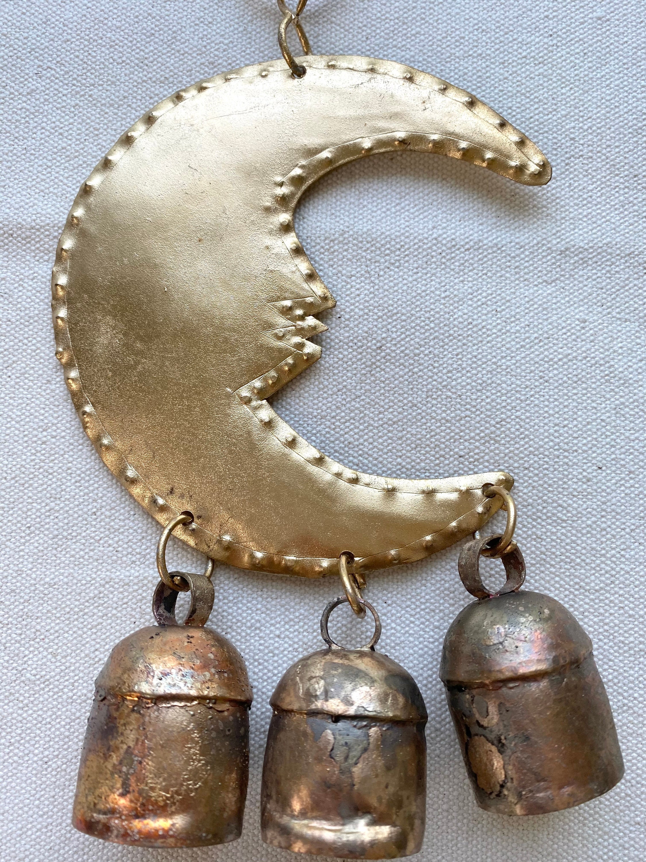 Crescent Moon Wind Chime With Face Profile and Rustic Bells - Outdoor ...