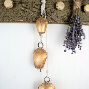 NANTUCKET BELL HANGING - Set of 3 Rustic Gold Bells on White Rope - Old ...