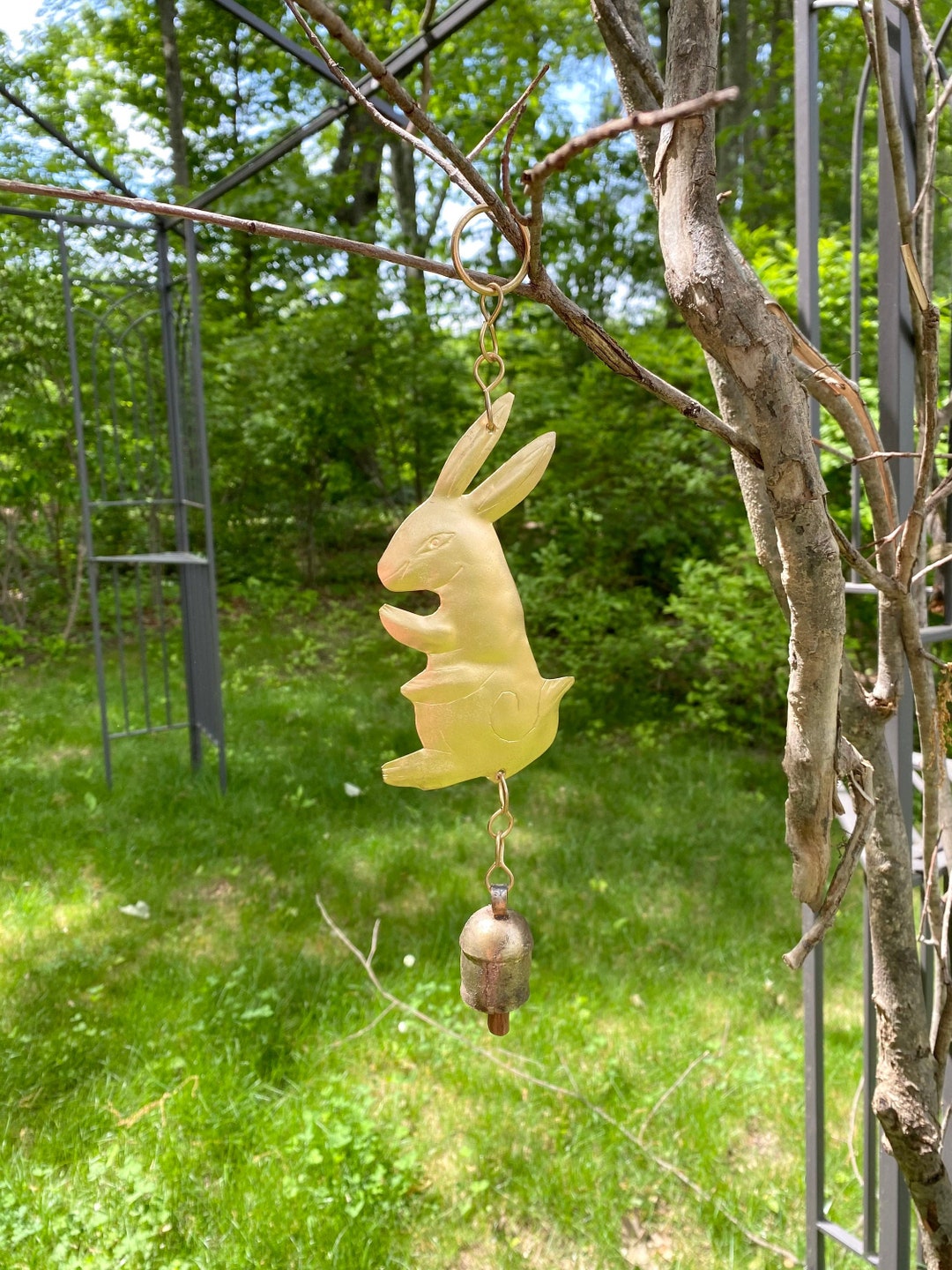 Rabbit Wind Chime With Rustic Bell - Animal Outdoor Decor for Garden ...