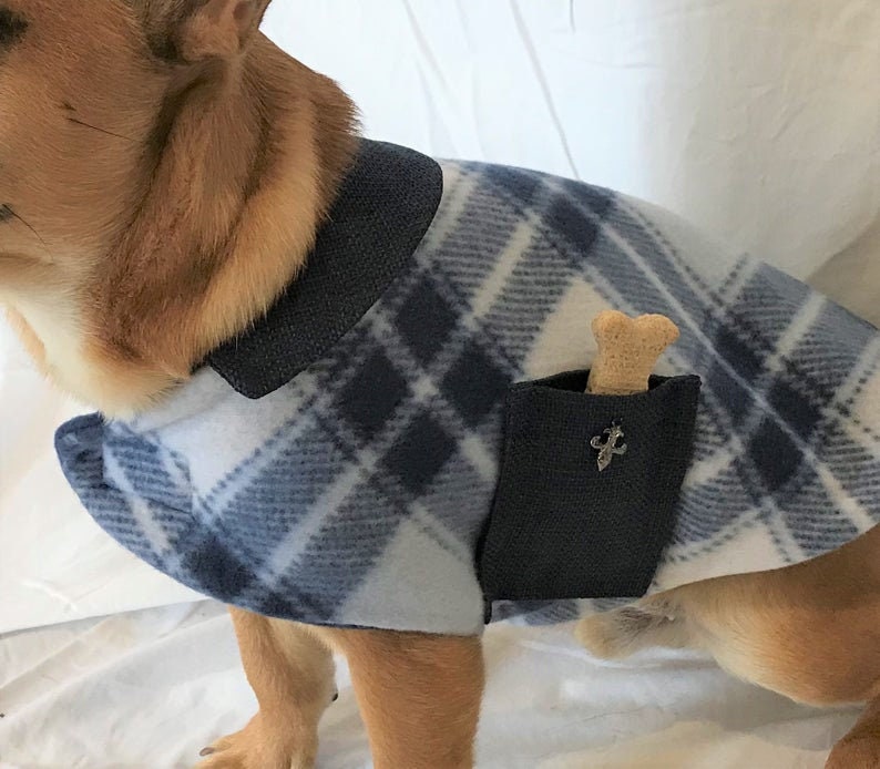 Dog Coat-blue Plaid-gentleman Swag-w/ Blue Collar and Pocket for Waste ...