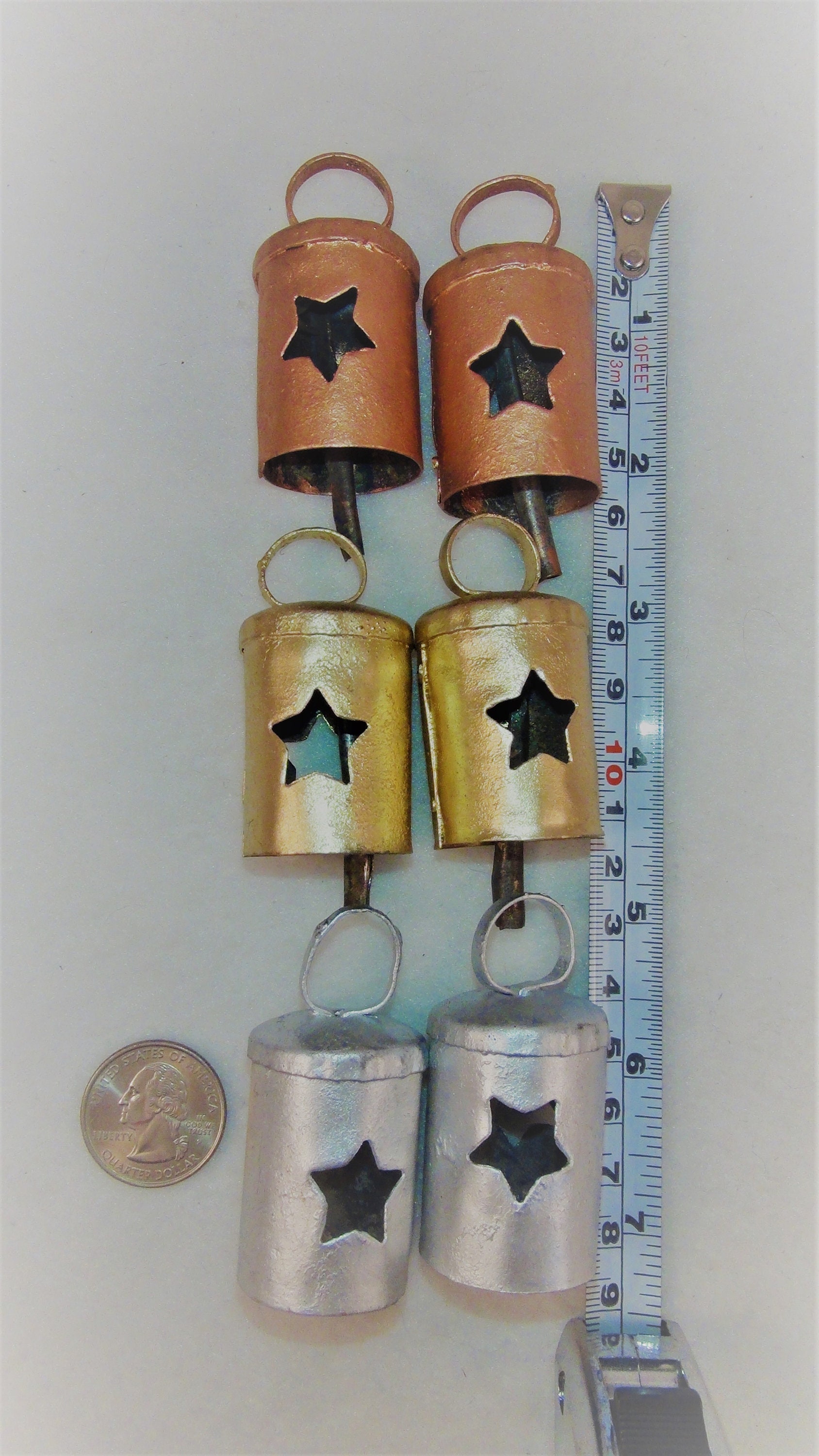 COPPER, GOLD & SILVER Bells W/ Star Cutouts-2 1/4 Inch-recycled Iron ...