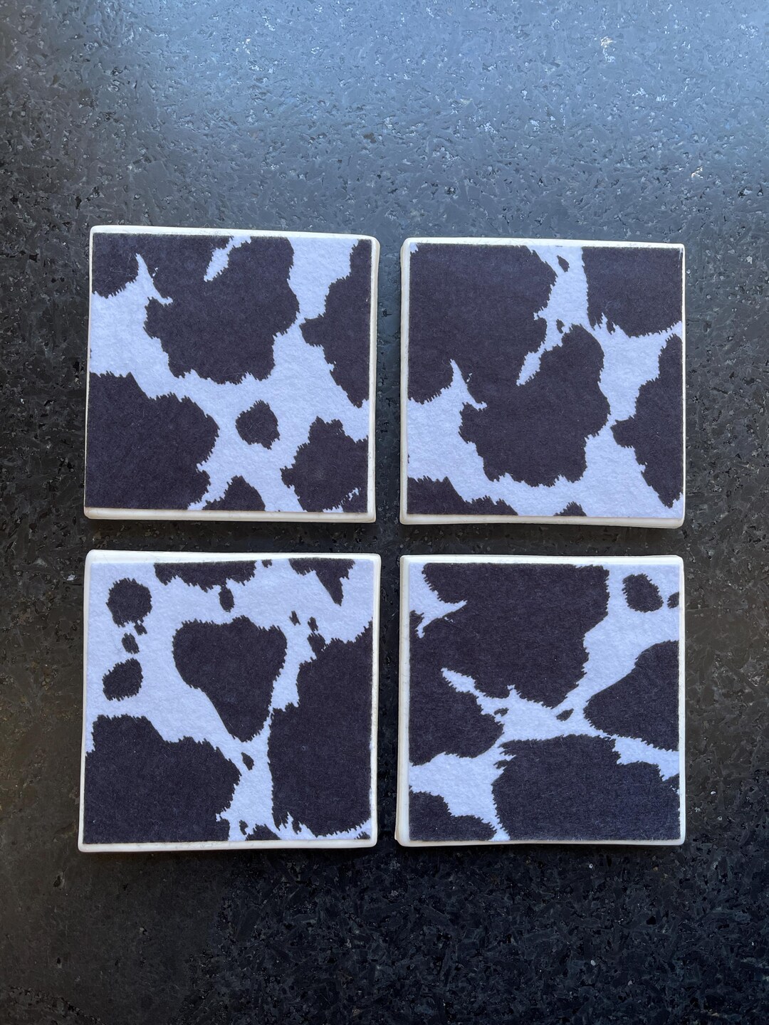 4 COW PRINT Coasters in Black & White - Felt Cow Spots on Thick Ceramic ...