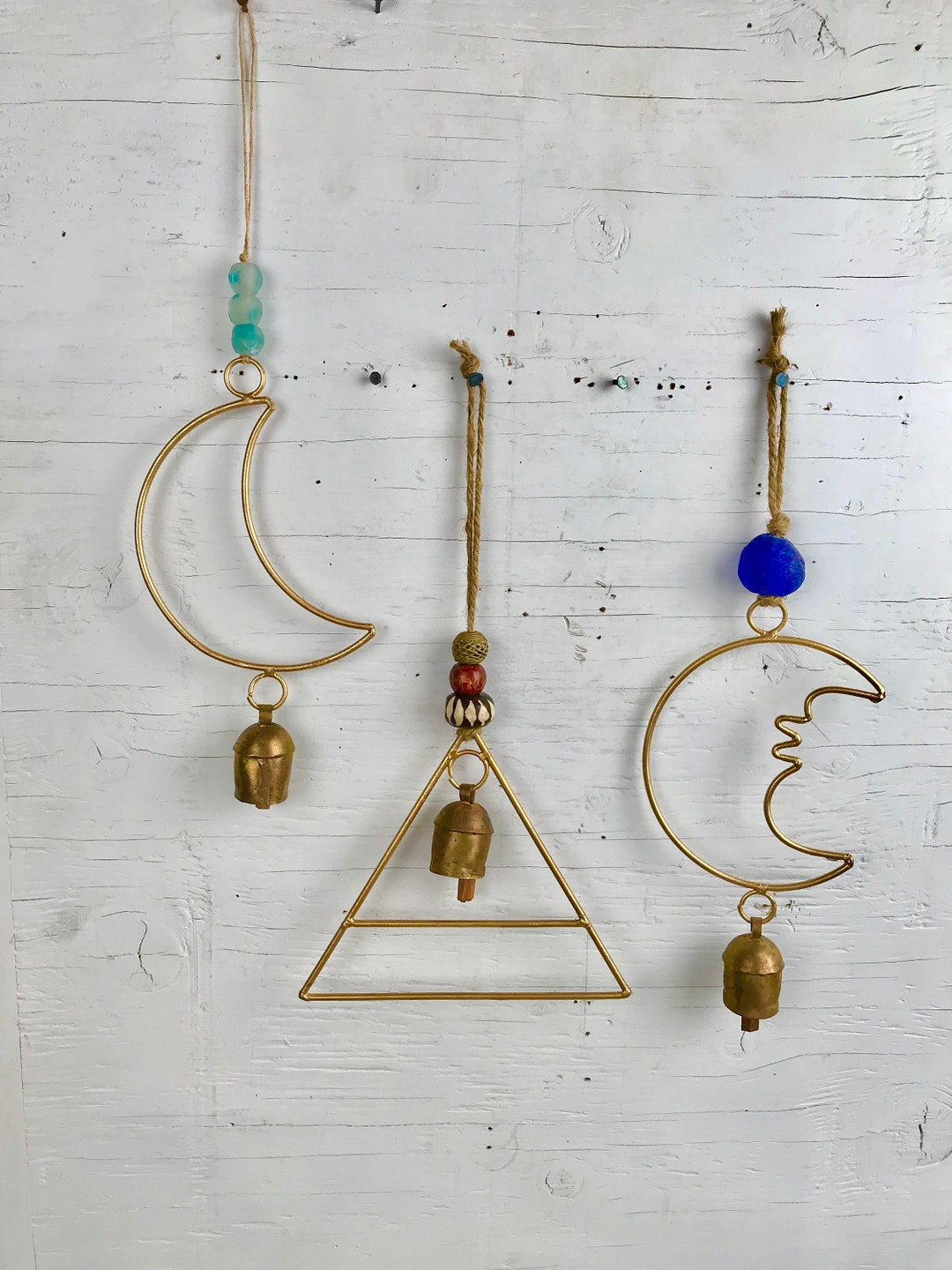 BOHEMIAN BELL Hangings - Golden Moons & Triangles With Rustic Bells and ...