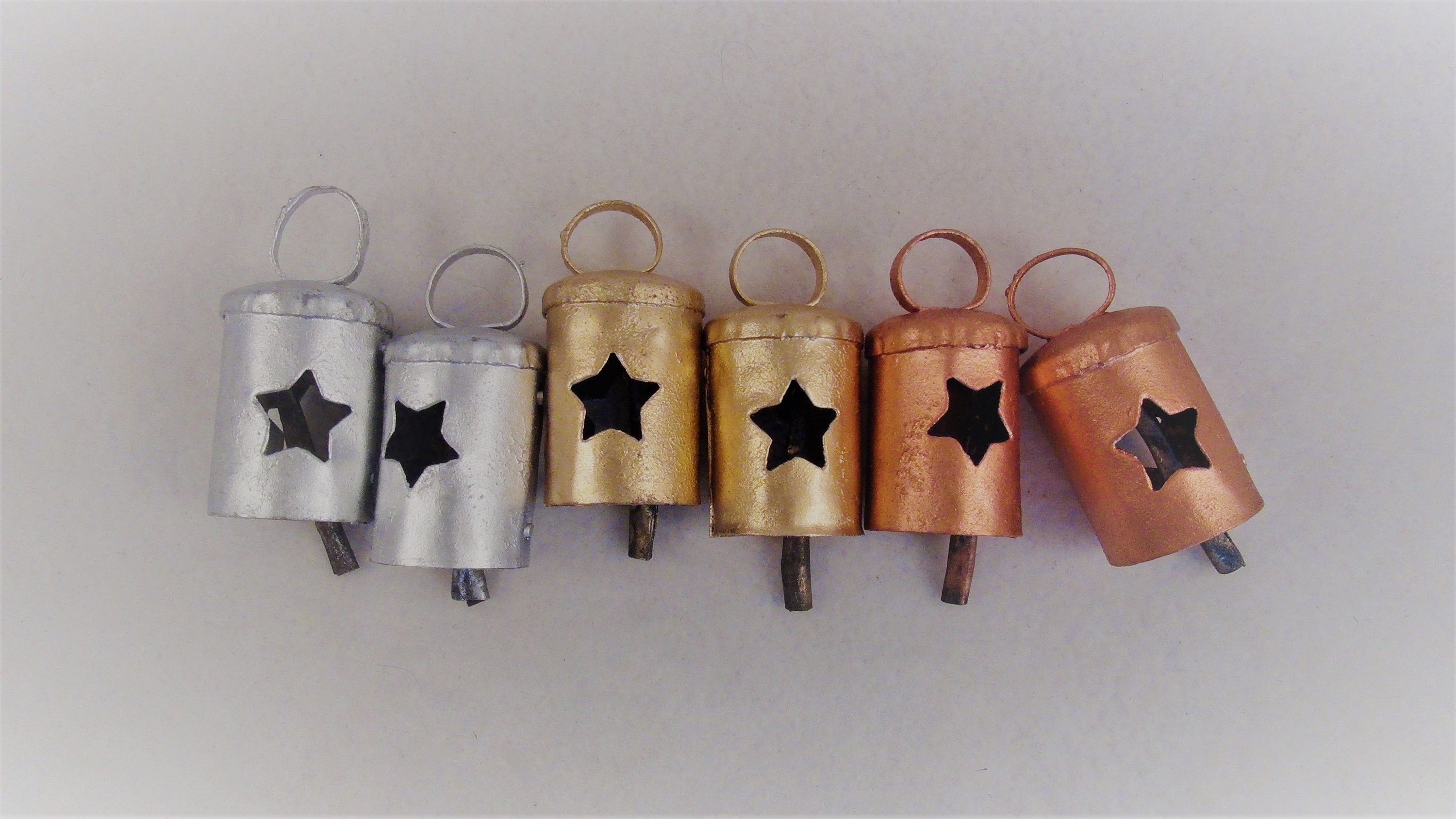 COPPER, GOLD & SILVER Bells W/ Star Cutouts-2 1/4 Inch-recycled Iron ...