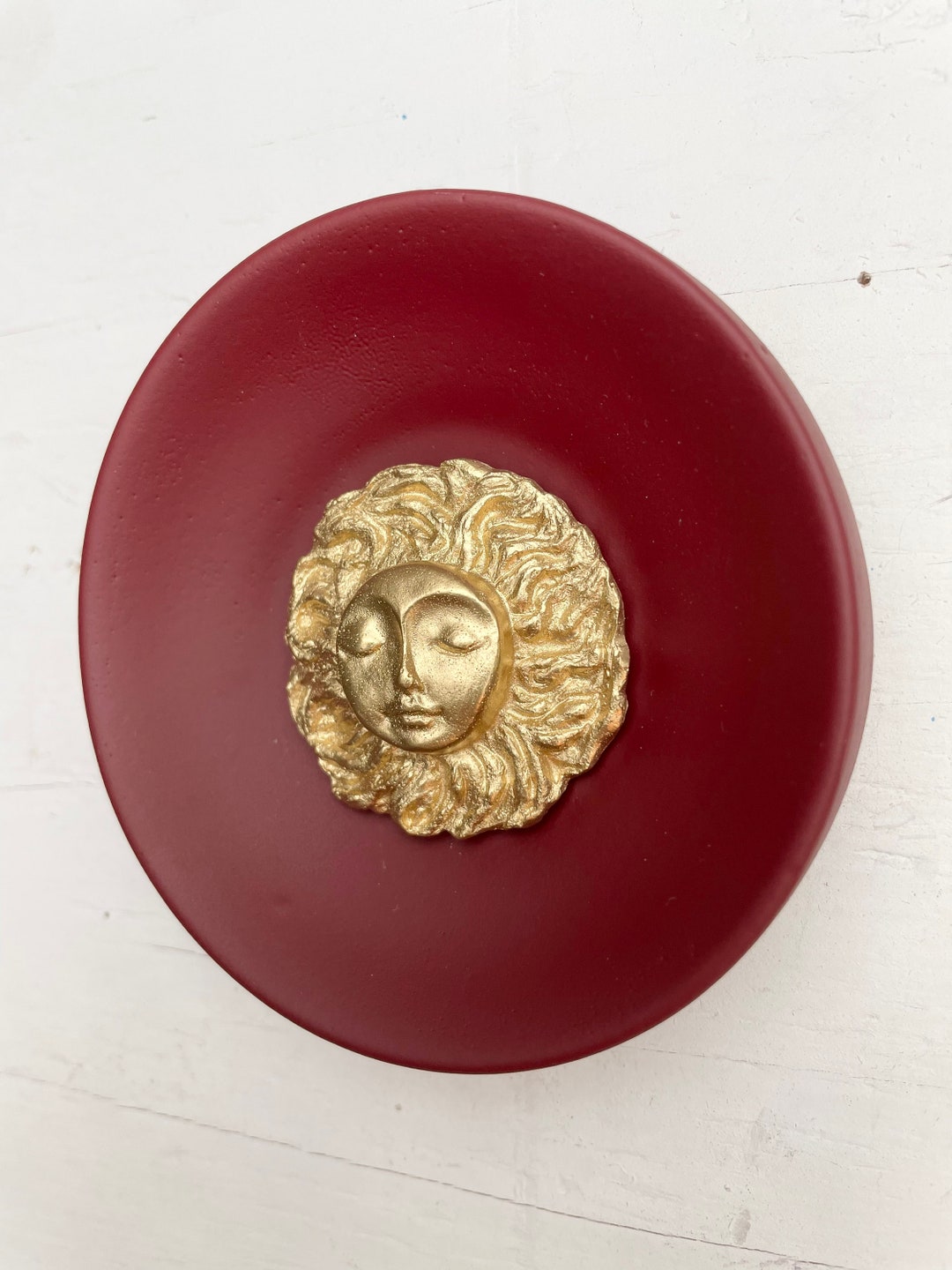 Golden Sun Face Sculpture in Maroon and Gold - Handmade Permastone ...