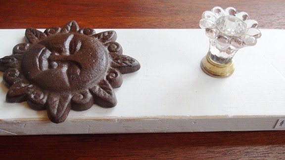 Wall Hanging of Smiling Cast Iron Sun Face With Hook & Pale Pink Glass ...