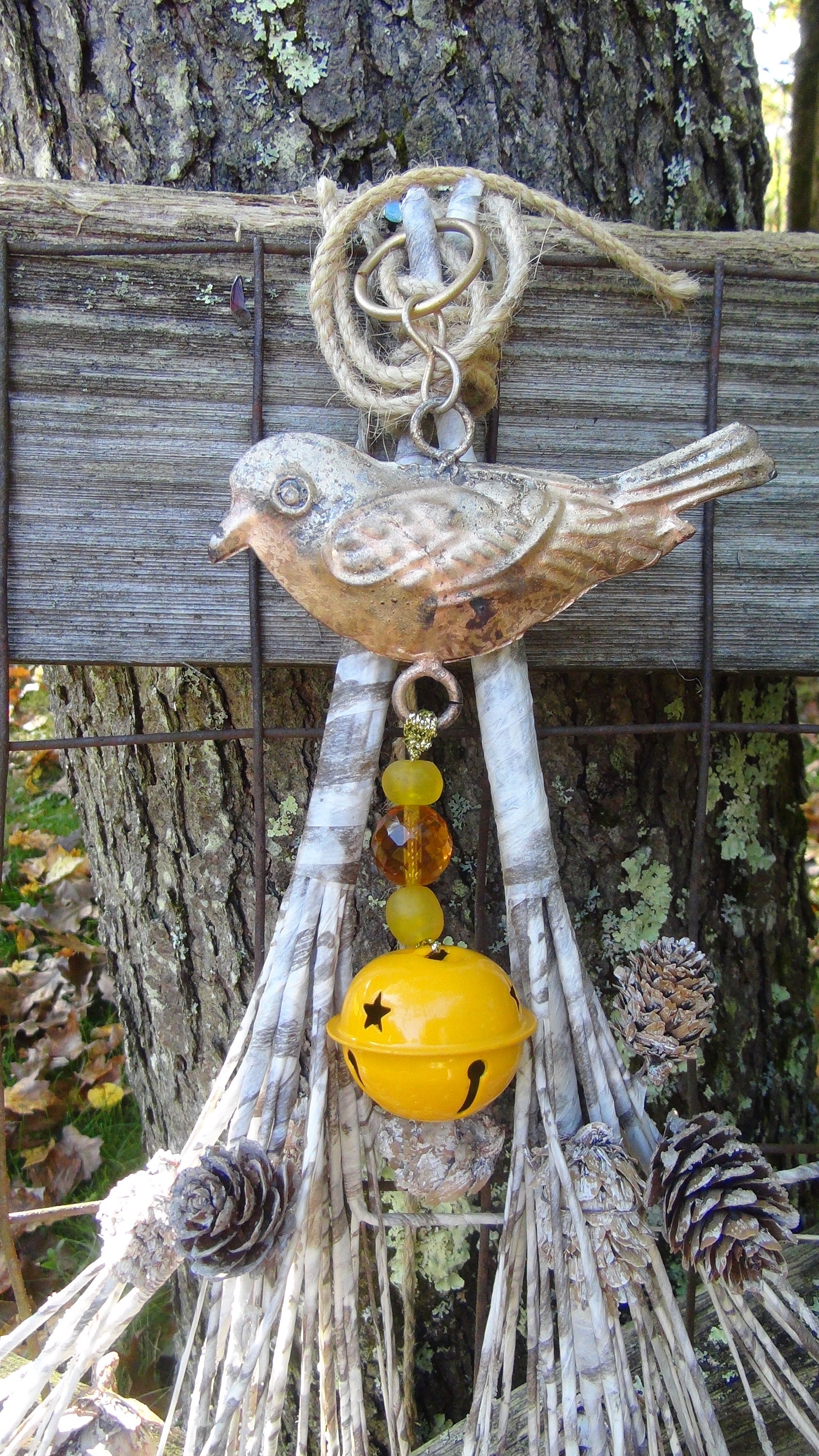 JINGLE BIRD Rustic Gold Bird With Sparkling Yellow Beads & | Etsy