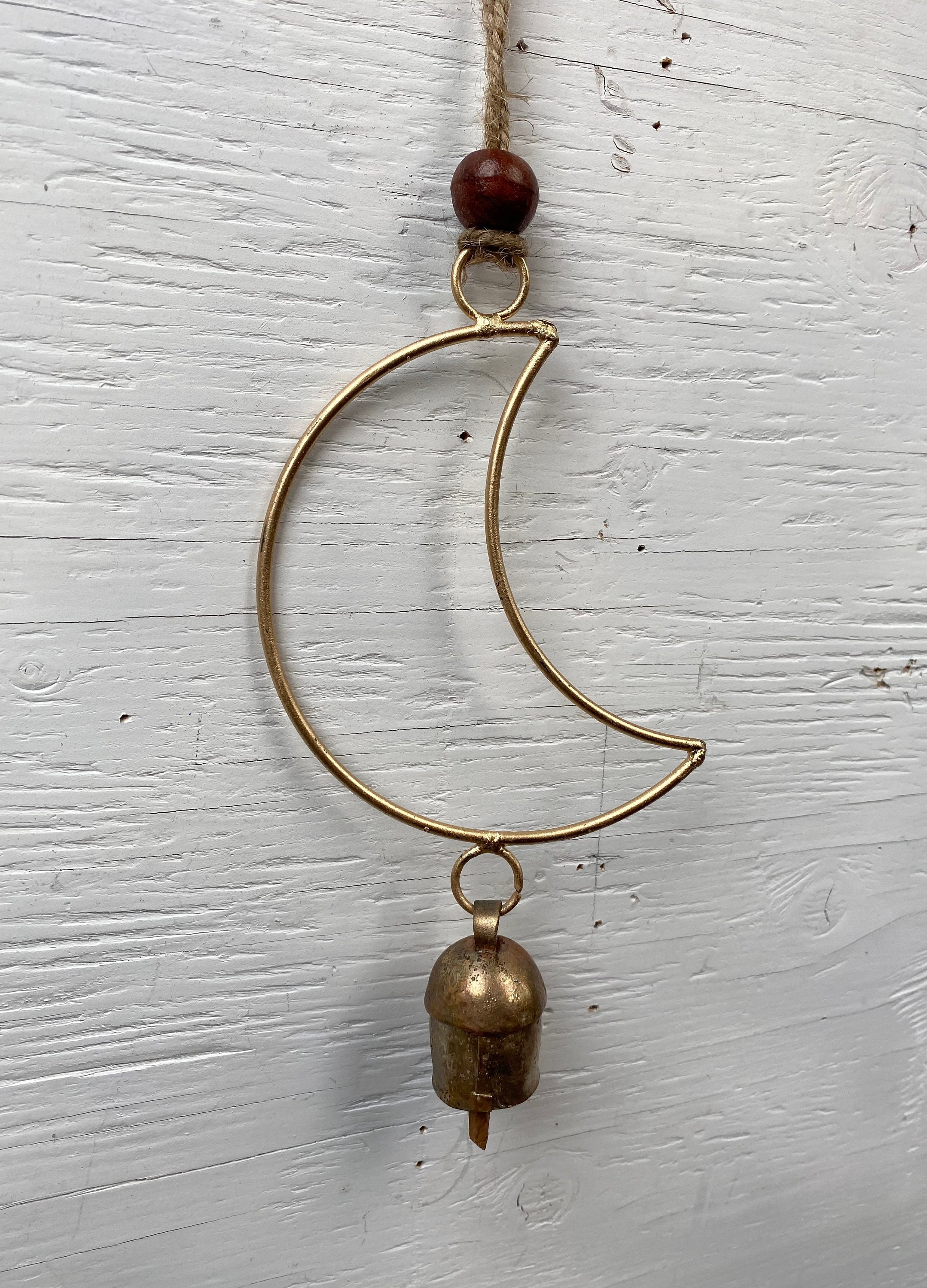Gold Wire Moon Wind Chime with Rustic Bell Rope and Bead | Etsy