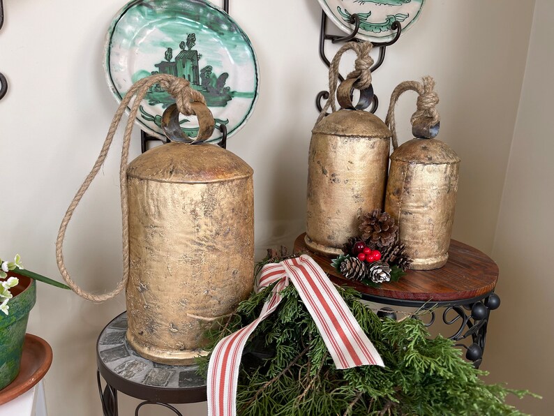 Yuletide Bells Set of 3 Large Rustic Gold Bells With Rope - Etsy