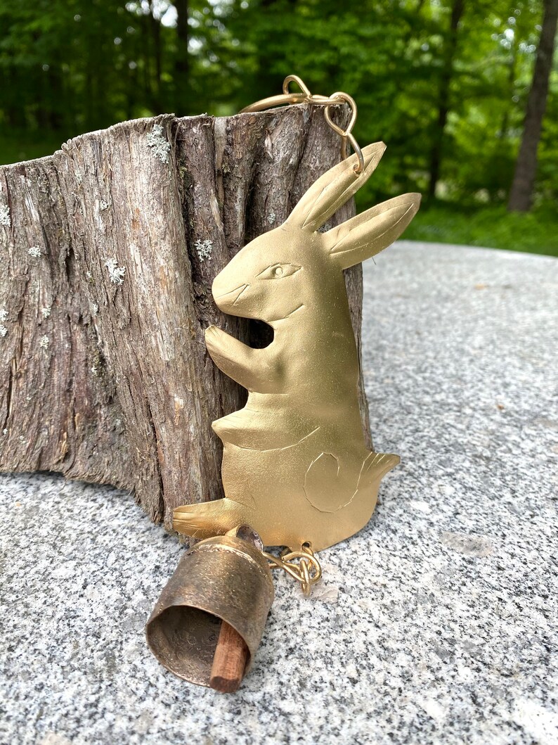 Rabbit Wind Chime With Rustic Bell - Animal Outdoor Decor for Garden ...