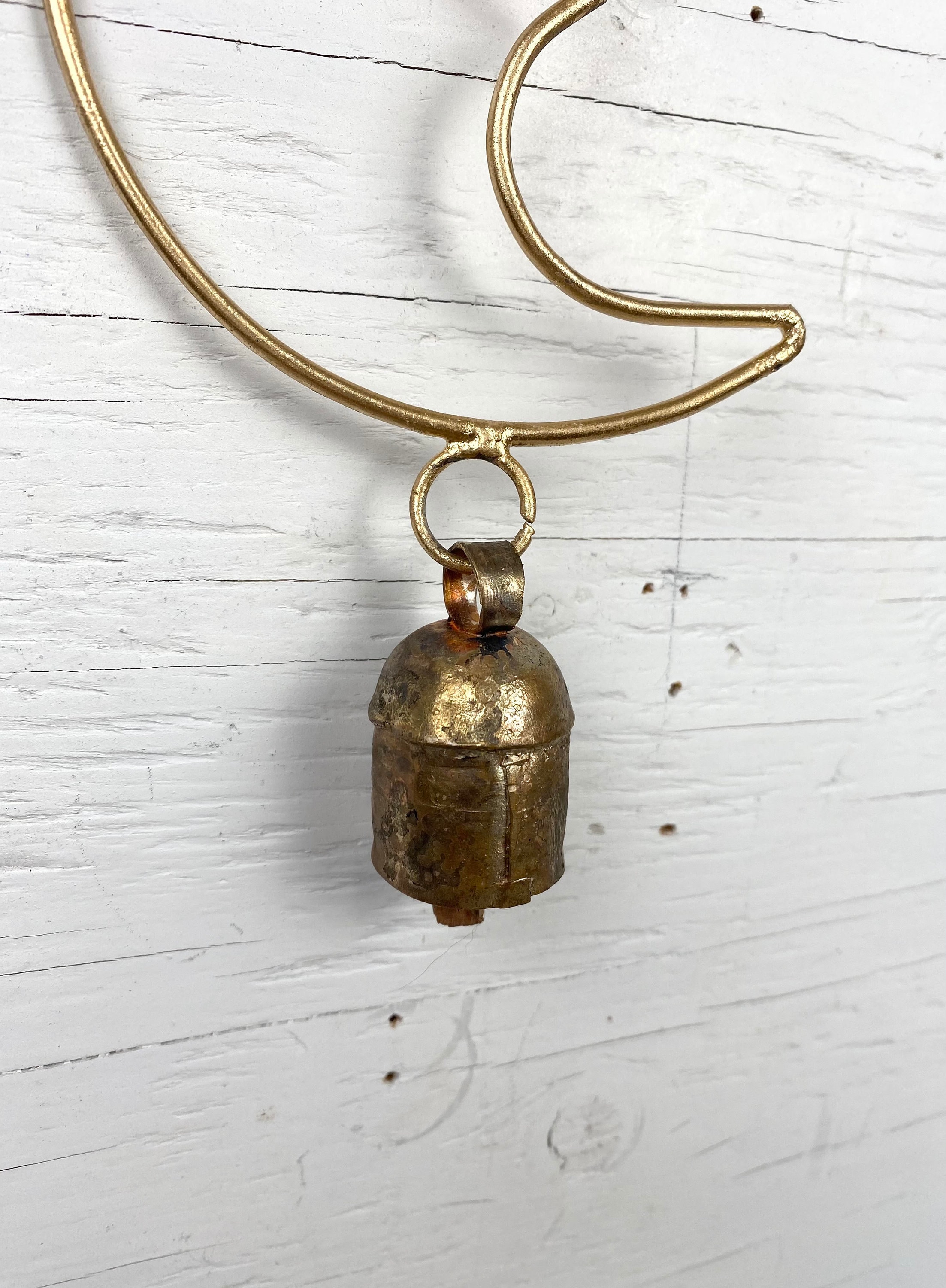 Gold Moon Shaped Wind Chime With Rustic Bell & Bead - Boho Chic Outdoor ...