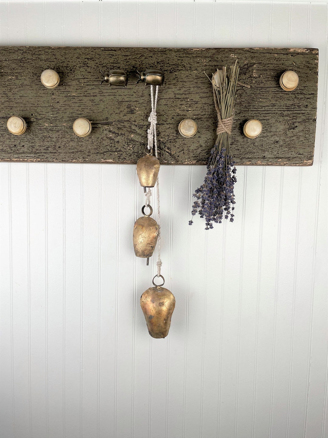 NANTUCKET BELL HANGING - Set of 3 Rustic Gold Bells on White Rope - Old ...