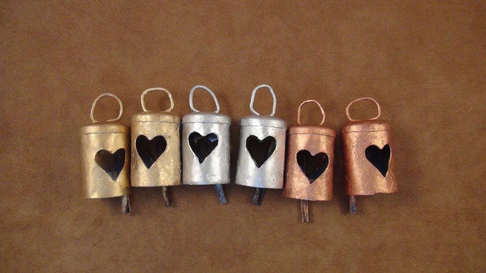 Be My Valentine Bells- Group of 6 COPPER, GOLD & SILVER Bells With ...