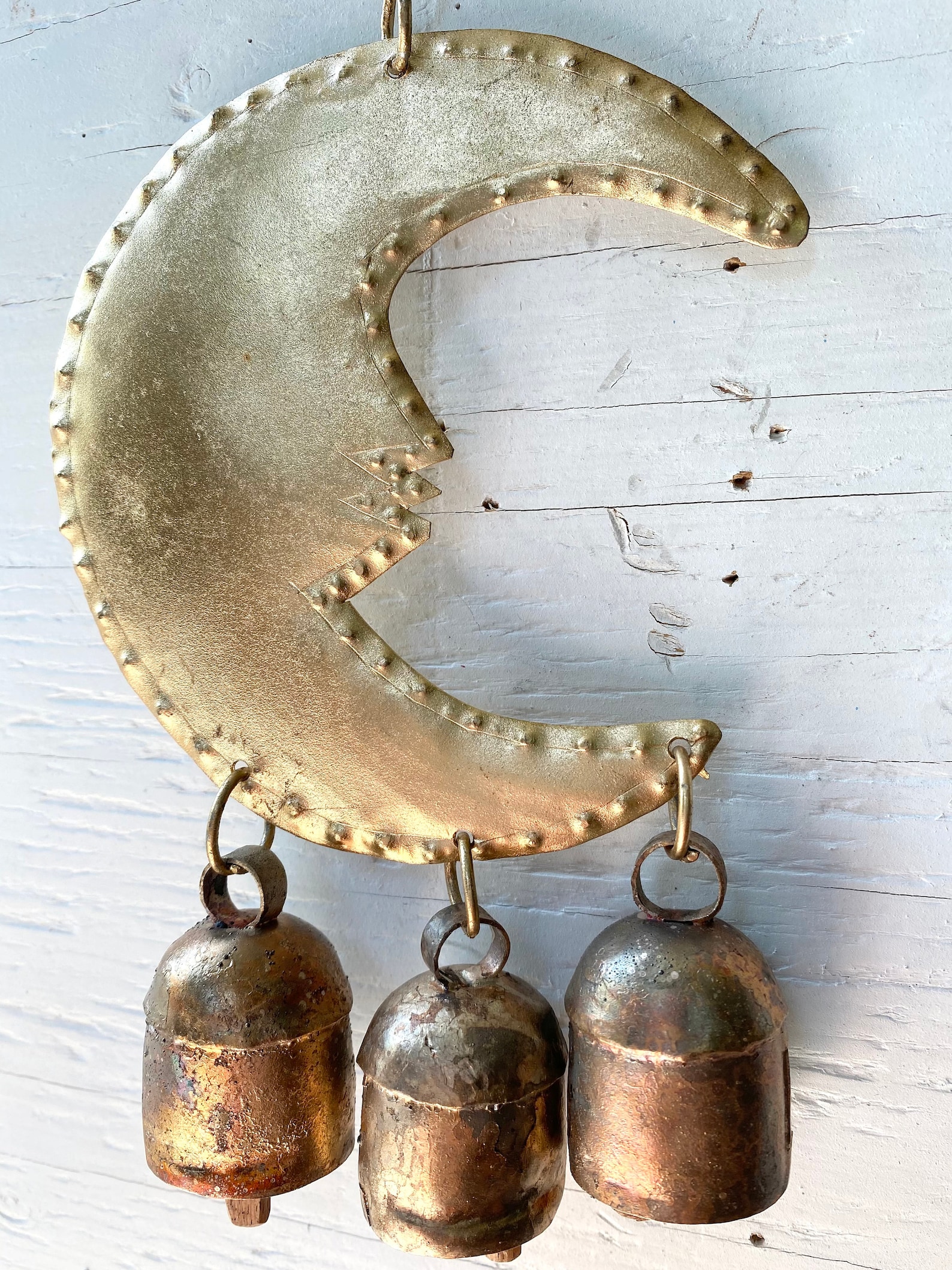 Crescent Moon Wind Chime With Face Profile and Rustic Bells - Outdoor ...