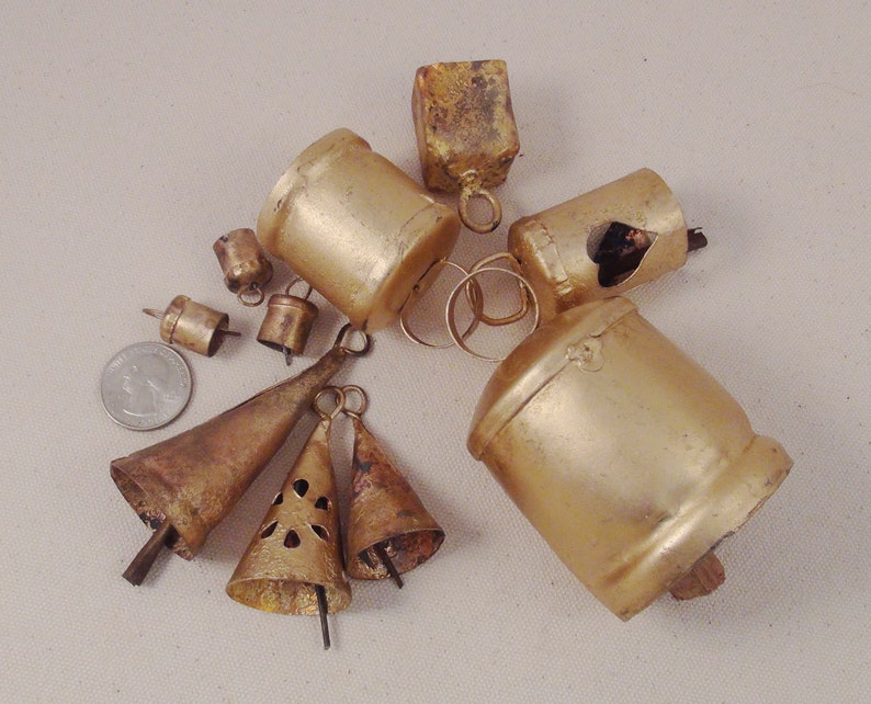 BRASS Bells-large Group of 10 GOLD Bells in Various Sizes and Shapes ...
