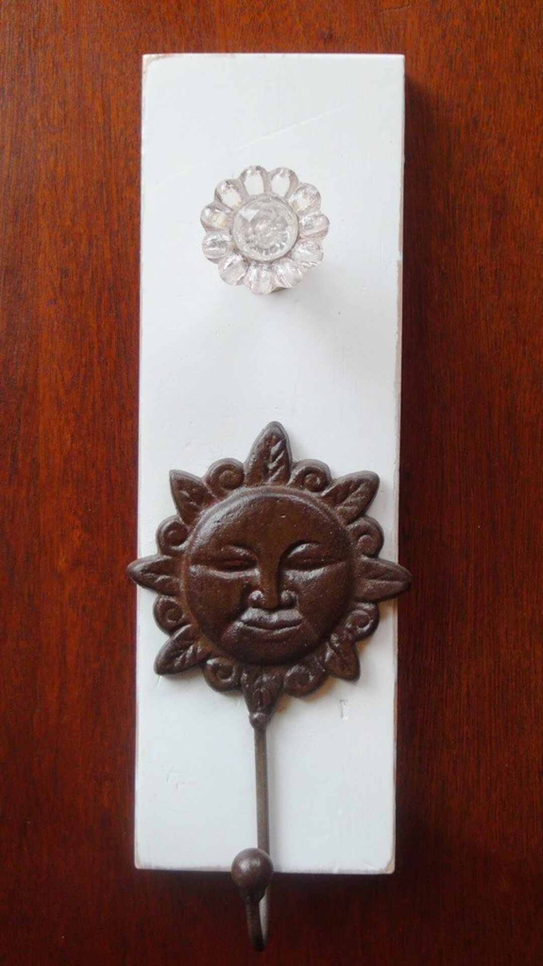 Wall Hanging of Smiling Cast Iron Sun Face With Hook & Pale Pink Glass ...