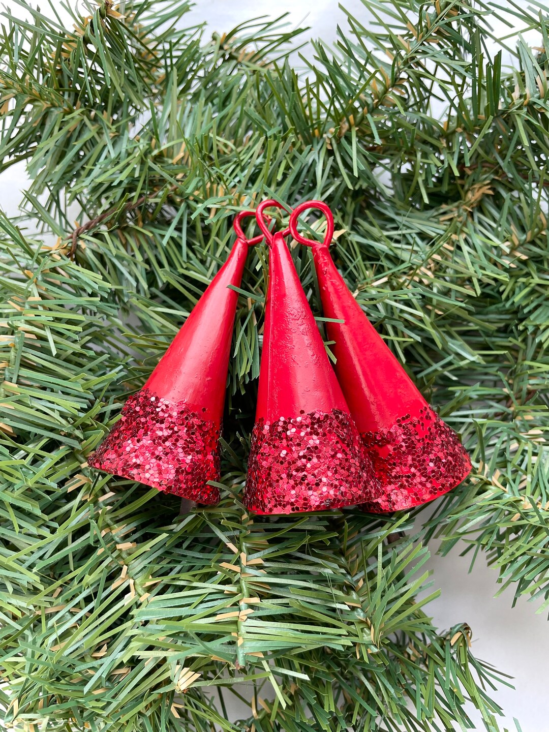 RED GLITTER HOLIDAY Bells-3 Sparkling 3" Cone Bells for Holiday Decor ...