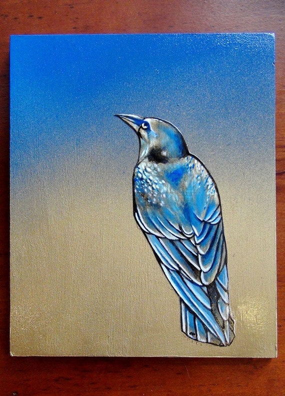 Raven in Metallic Gold Original Painting of Blue Crow on | Etsy