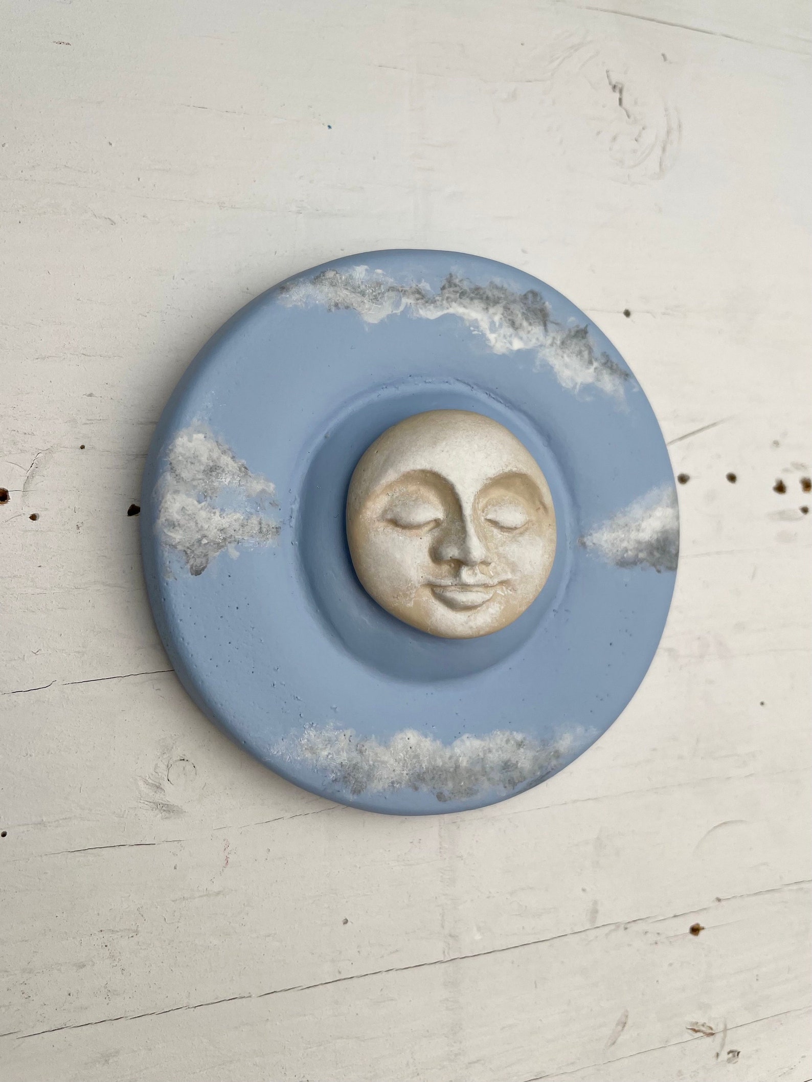 Slumbering Moon Face Sculpture in Baby Blue With Clouds - Etsy
