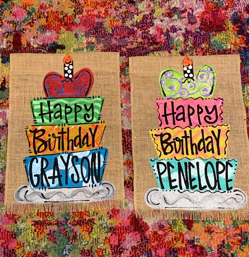 SALE Handpainted Burlap Garden Flag ...happy Birthday Flag | Etsy