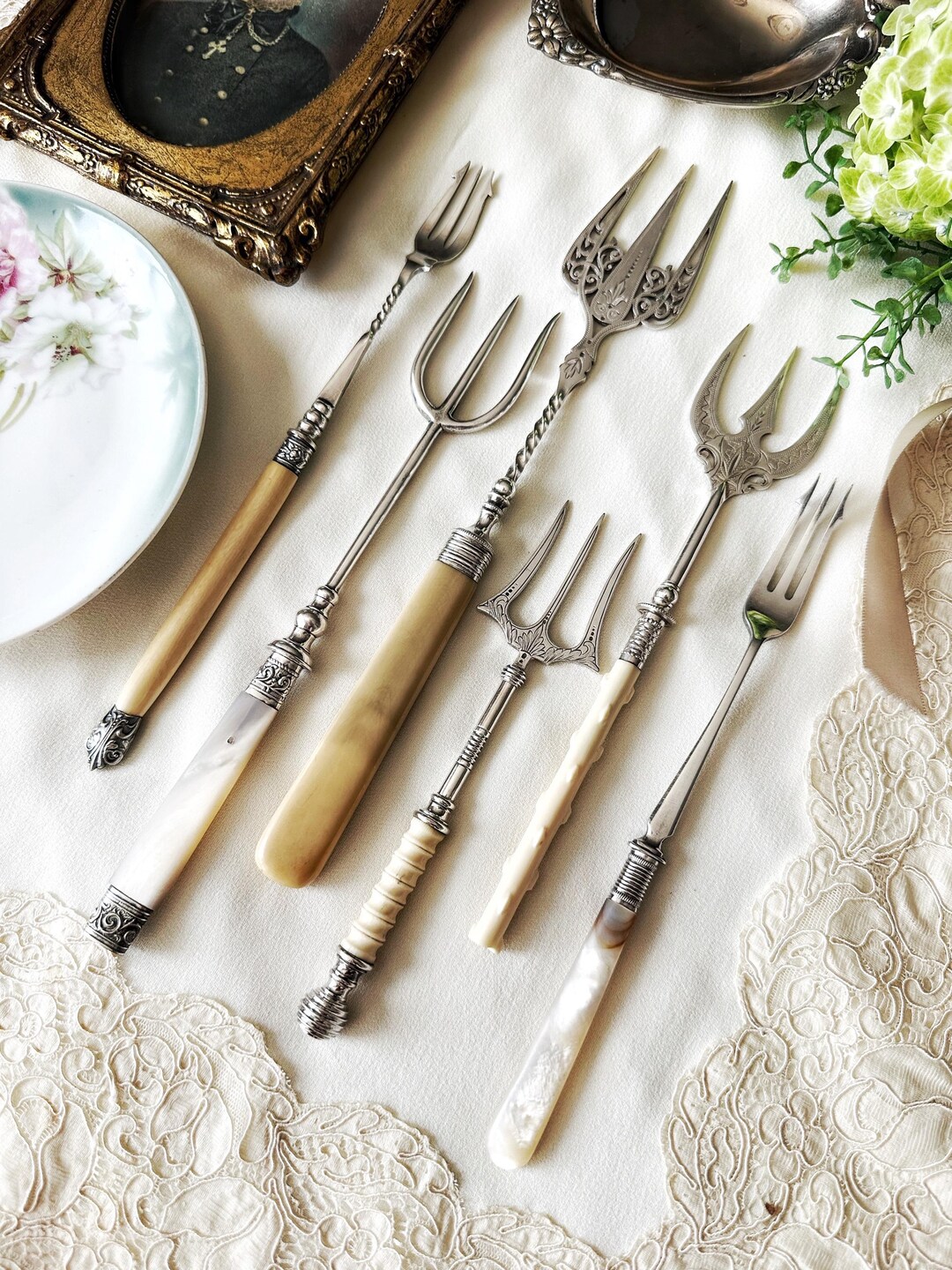 English Victorian Serving Fork Ornate Antique Silver Utensil Mother of ...