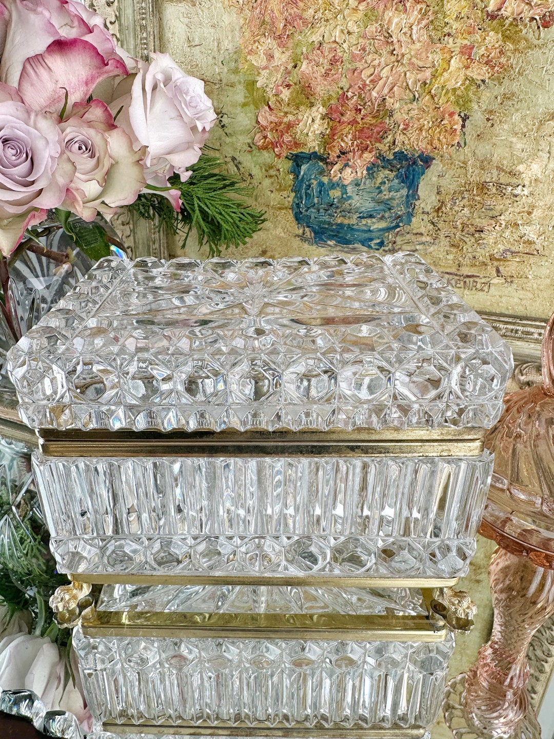 Vintage French Crystal Casket Box Hinged With Brass Lion Feet - Etsy