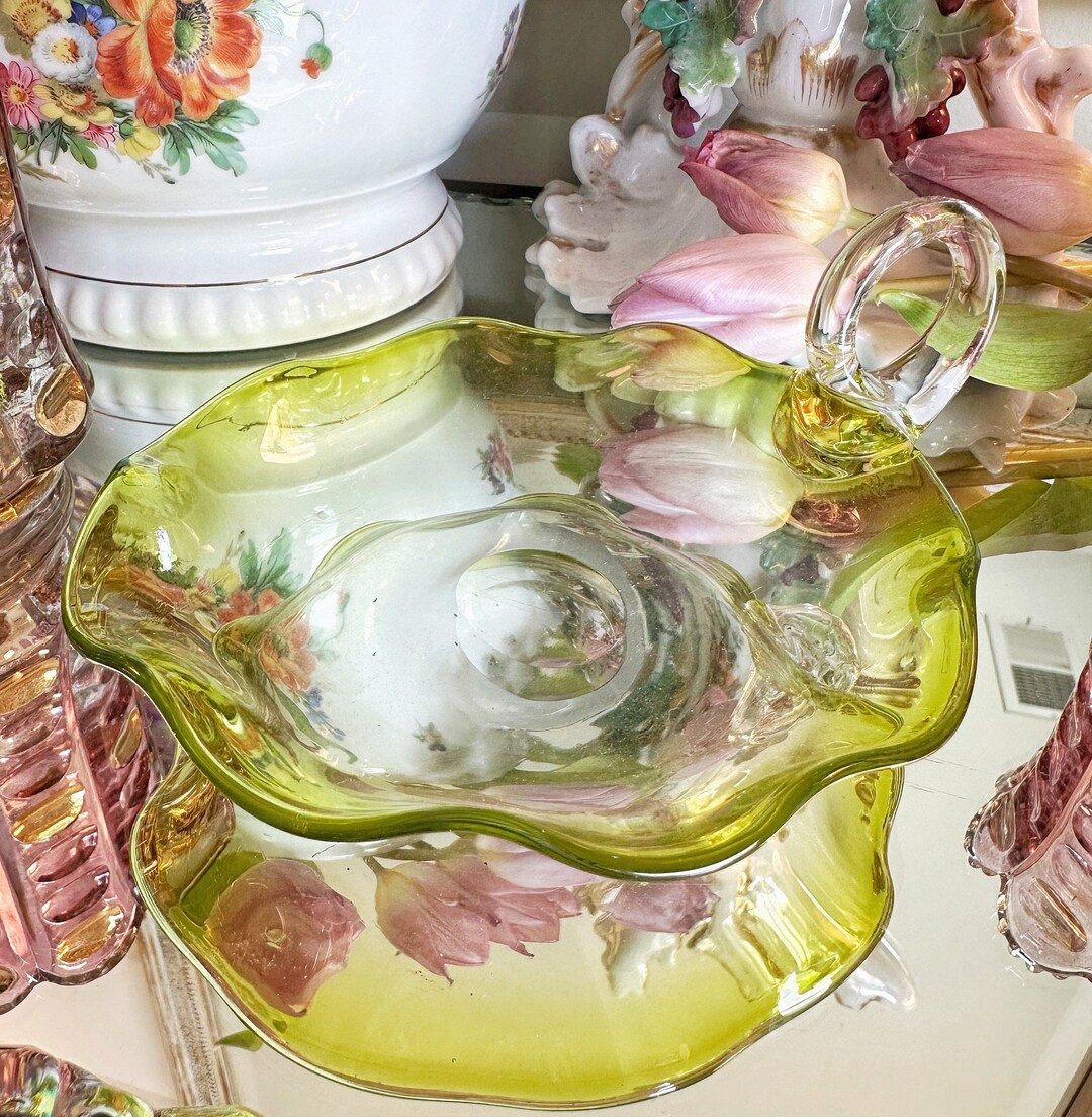 Vintage Crystal Bohemian Glass Nappy/round Handled in Yellow With ...