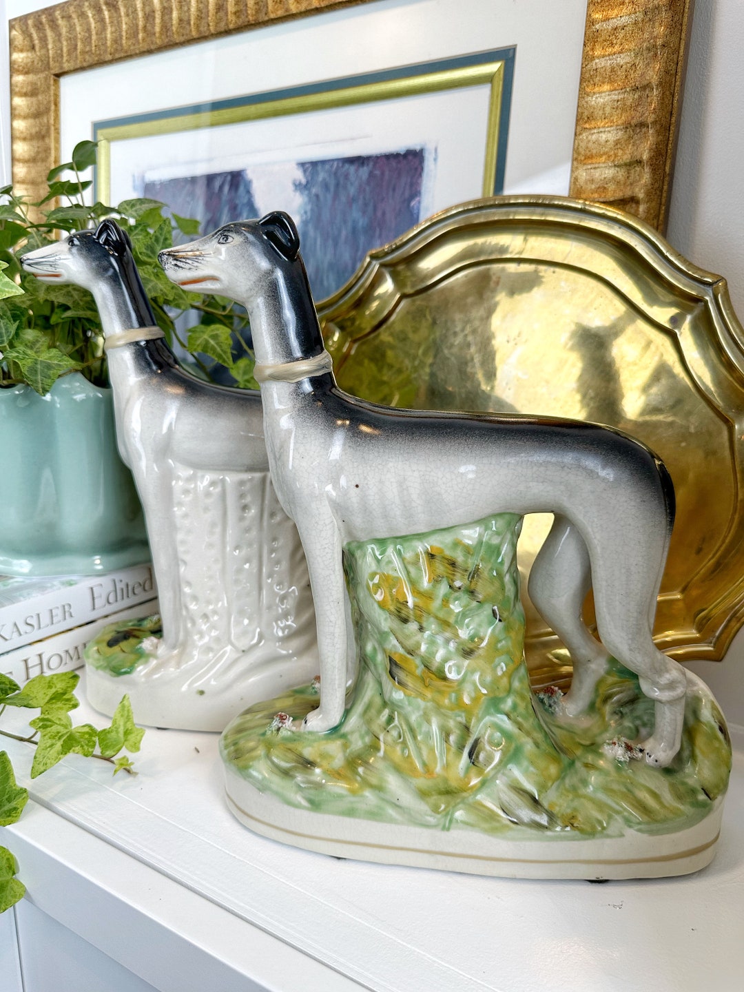 Large Vintage Staffordshire Greyhound/gray & White Whippet Dog Pair - Etsy