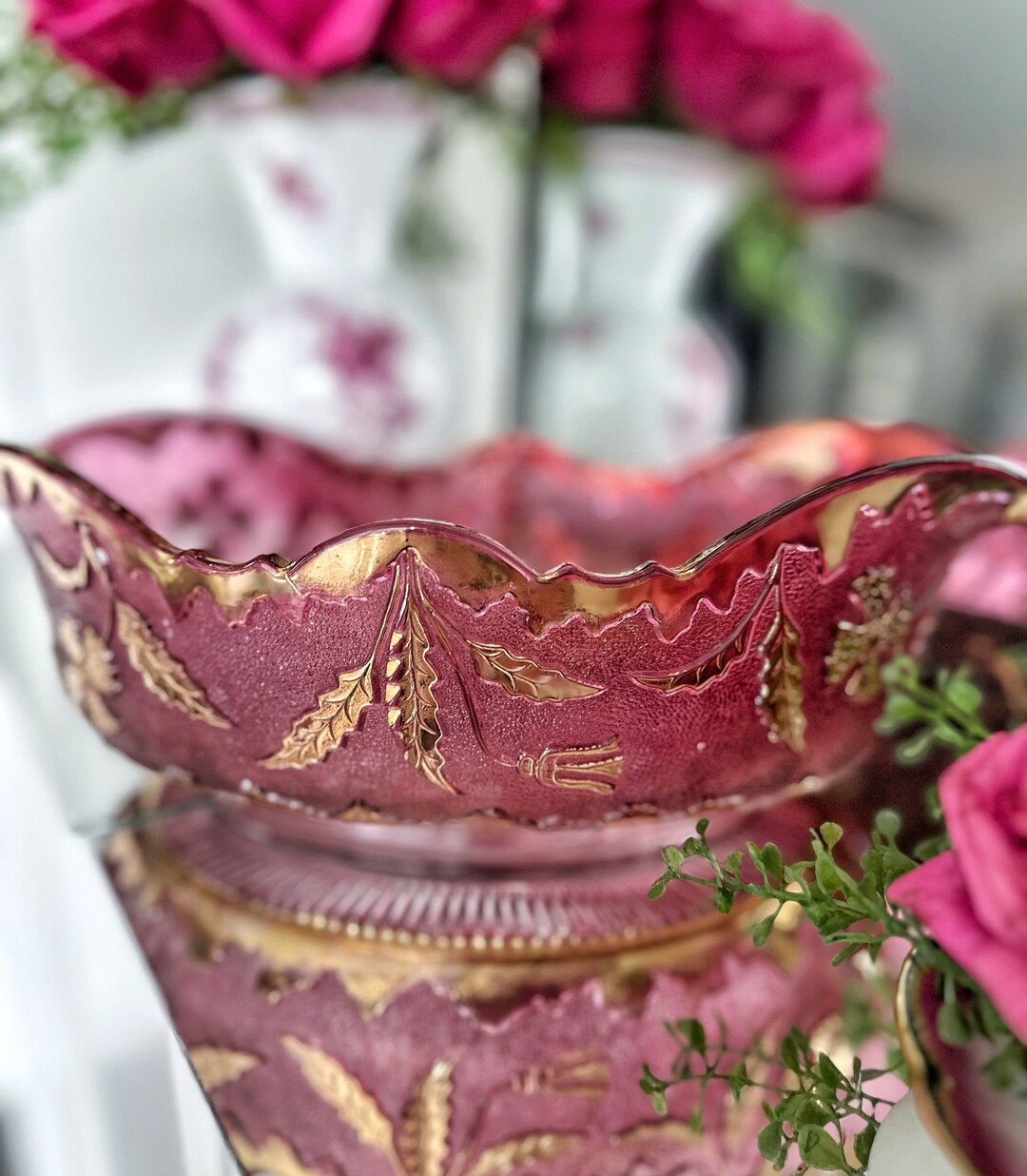 Delaware Pattern US Glass Company Cranberry Flash Gold Accent Fruit ...