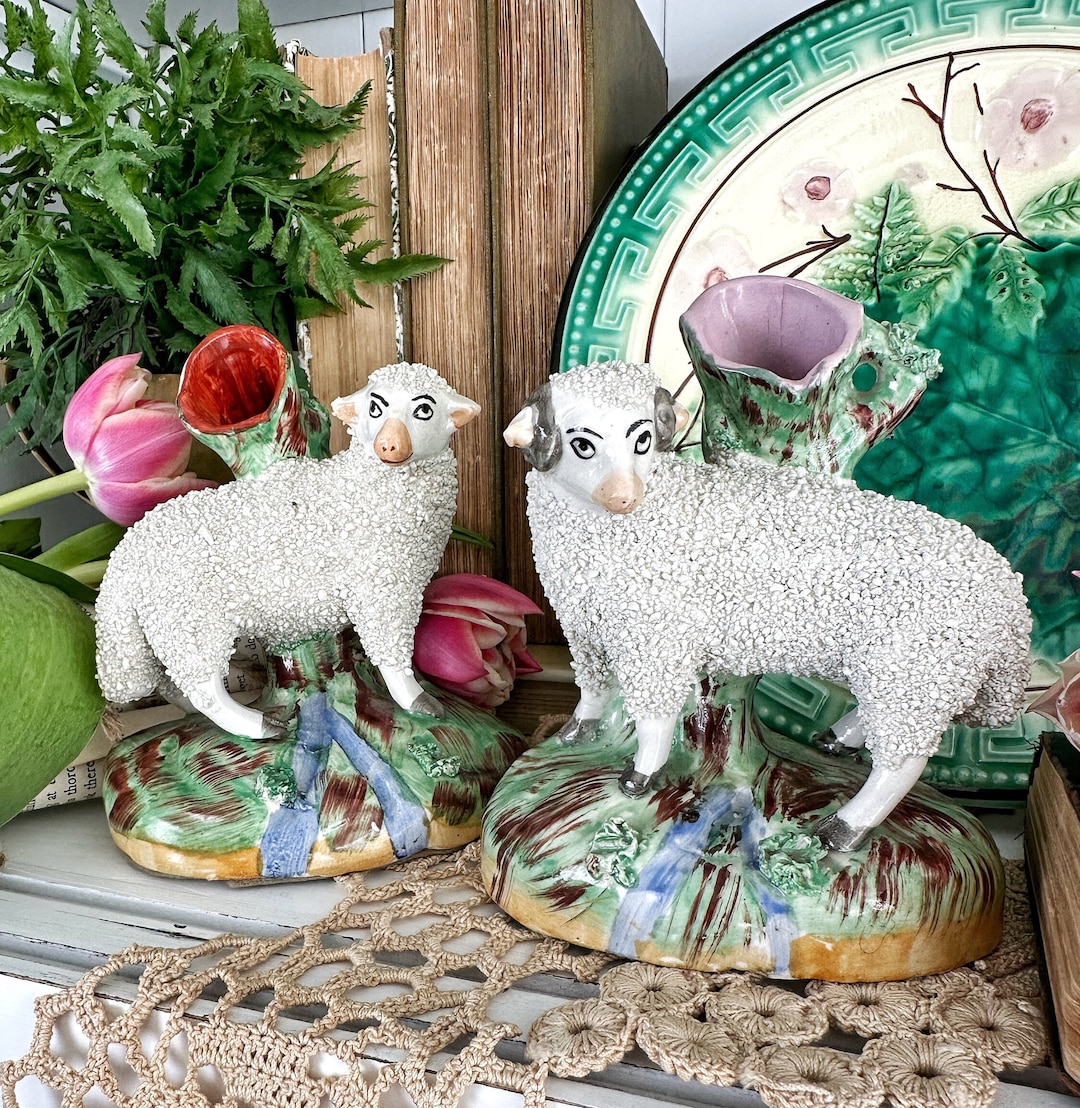 Victorian Staffordshire Pottery Sheep Spill Vases/antique English Pair ...