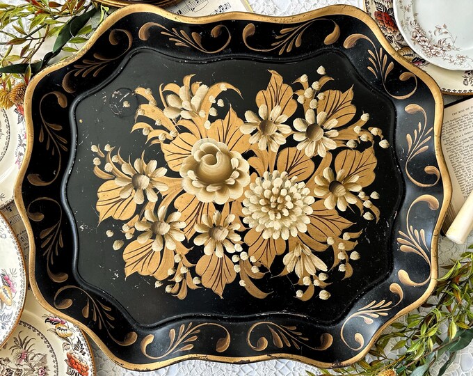 Vintage Tole Tray Hand Painted Floral Metal Tray Scalloped Edge - Etsy