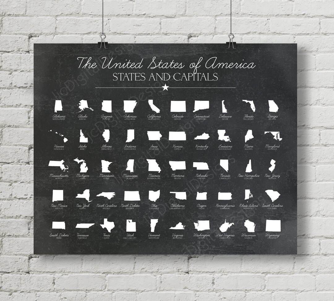 Vintage States and Capitals Classroom Poster Digital Chalkboard Word ...