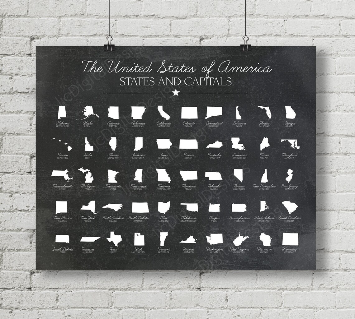 Vintage States and Capitals Classroom Poster Digital Chalkboard Word ...